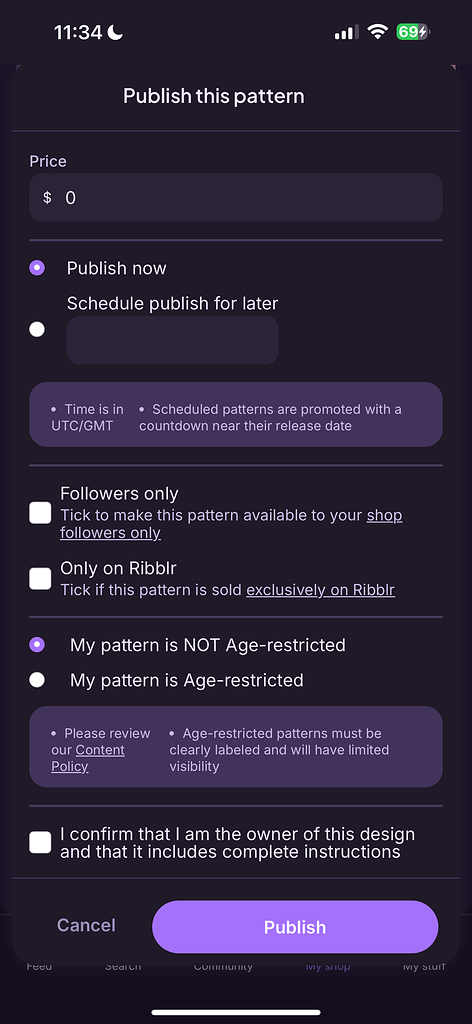 Unable to click publish pattern on mobile - Support 🖐️ - Ribblr community